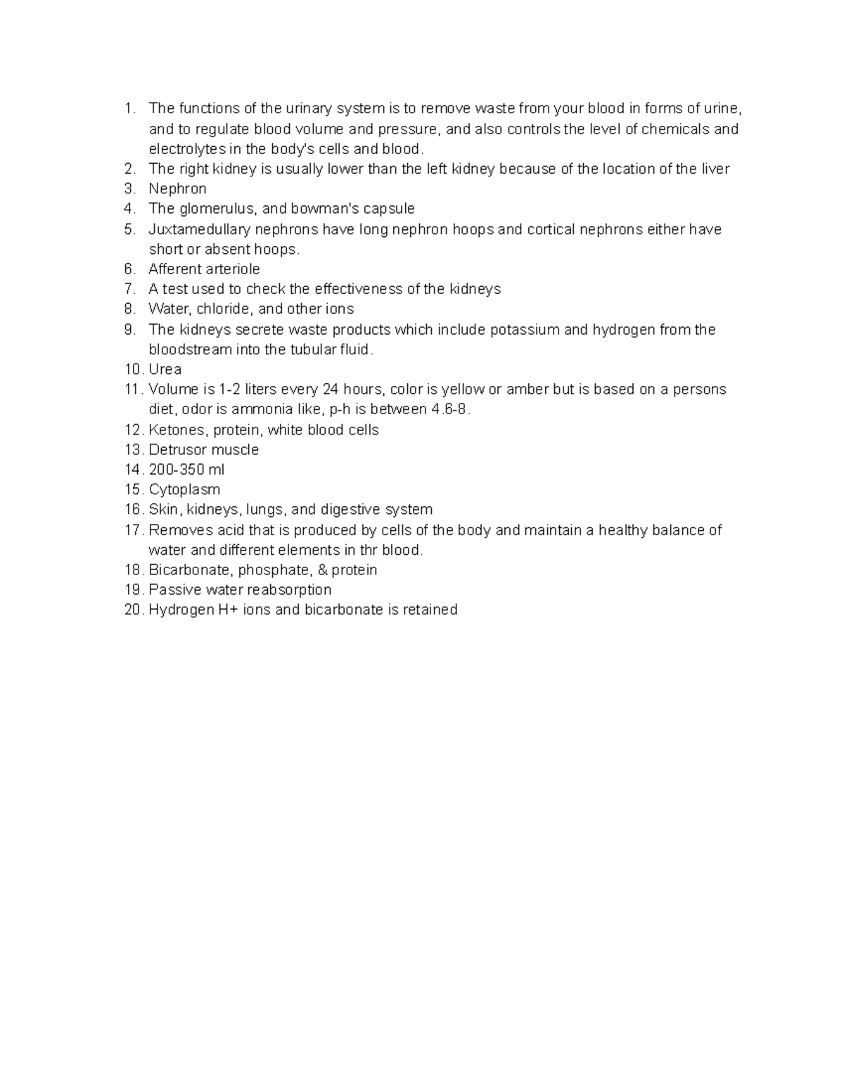 Urinary System Functions and Anatomy - Chapter 15 Worksheet - Studocu