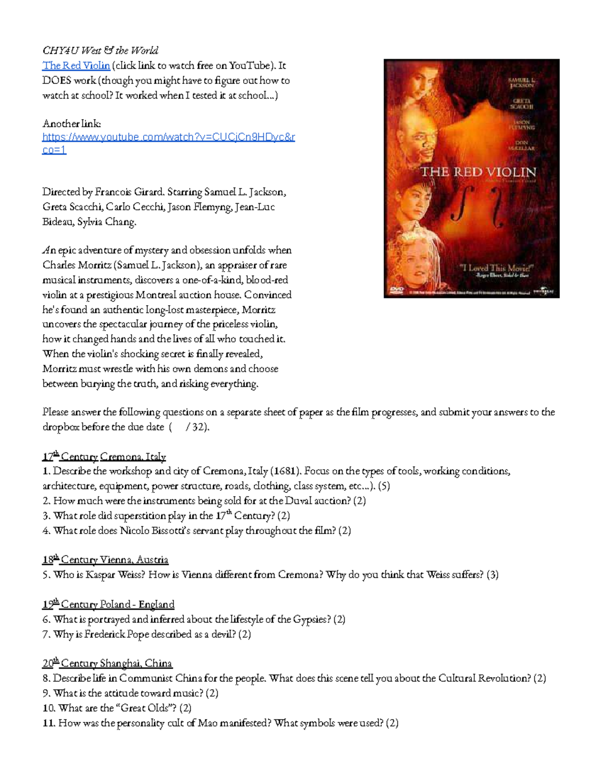 CHY4U The Red Violin: Film Analysis Questions and Insights - Studocu