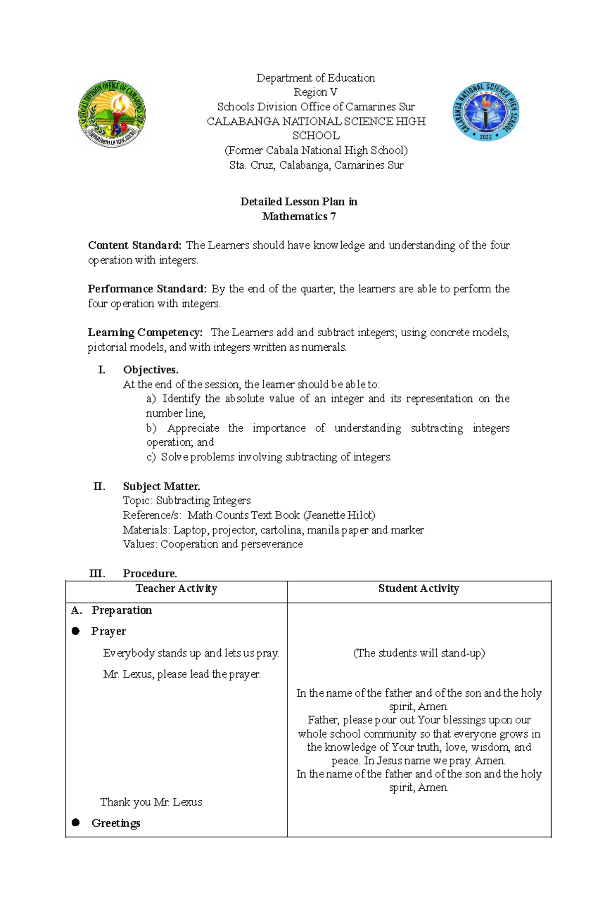 Math 7 Detailed Lesson Plan: Subtracting Integers DLP - Studocu
