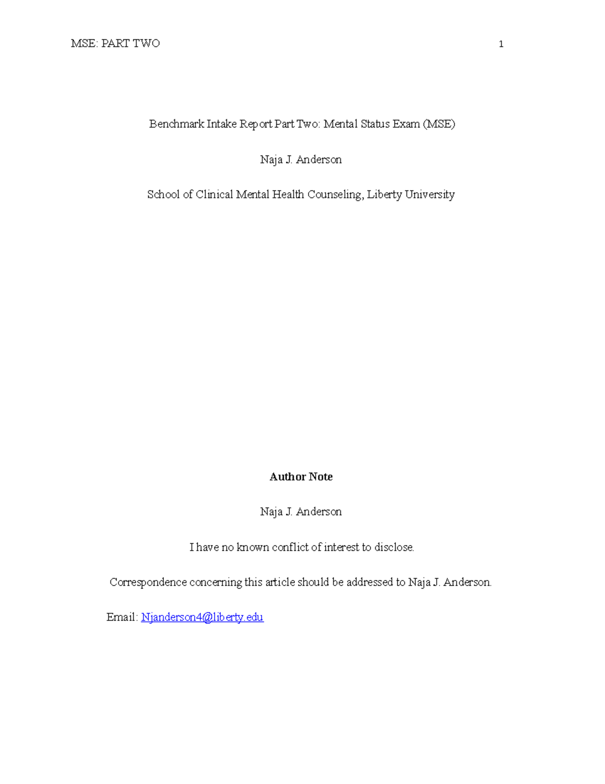 MSE Assessment of Jalia Capri Giles: Benchmark Intake Report (Clinical ...