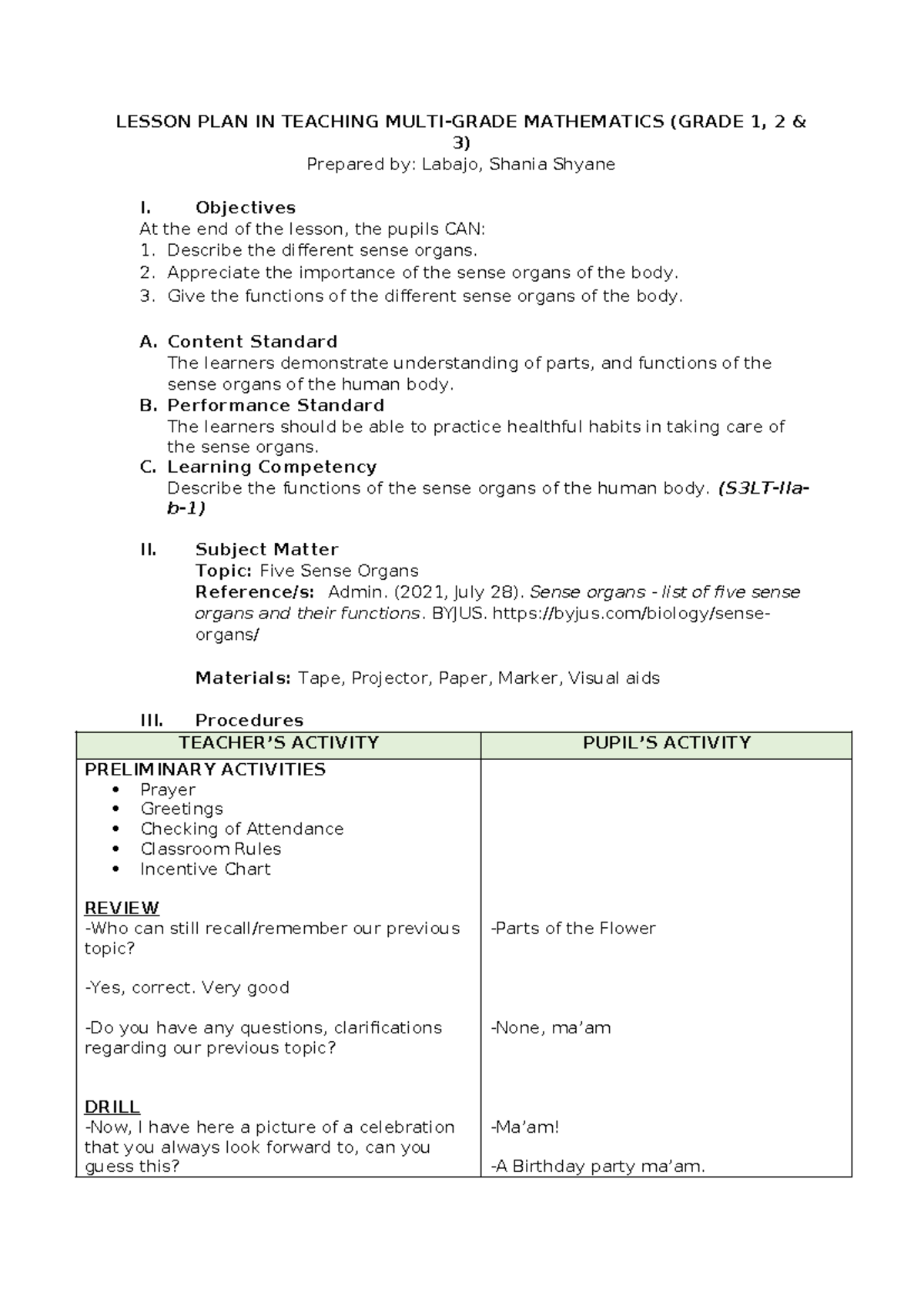 Lesson Plan: Five Sense Organs for Grades 1-3 (104316) - Studocu