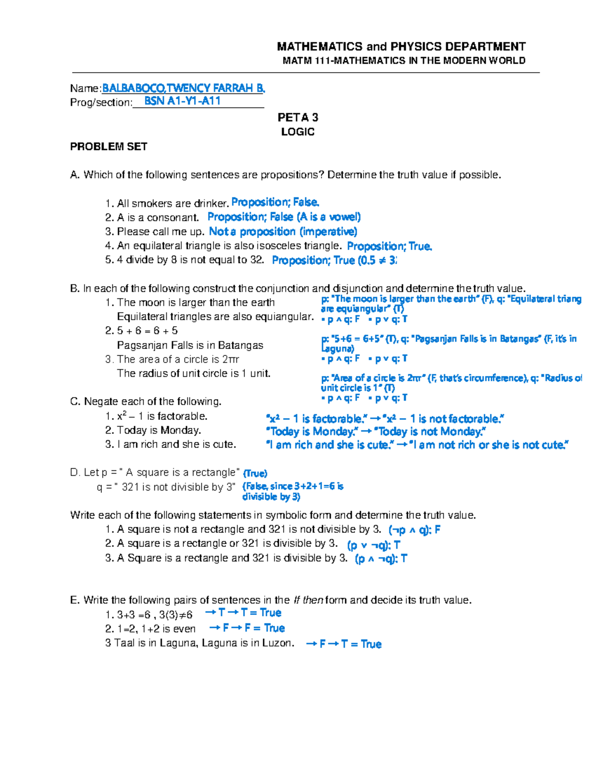 PETA 3 Logic Problem Set A: Propositions and Truth Values - Studocu