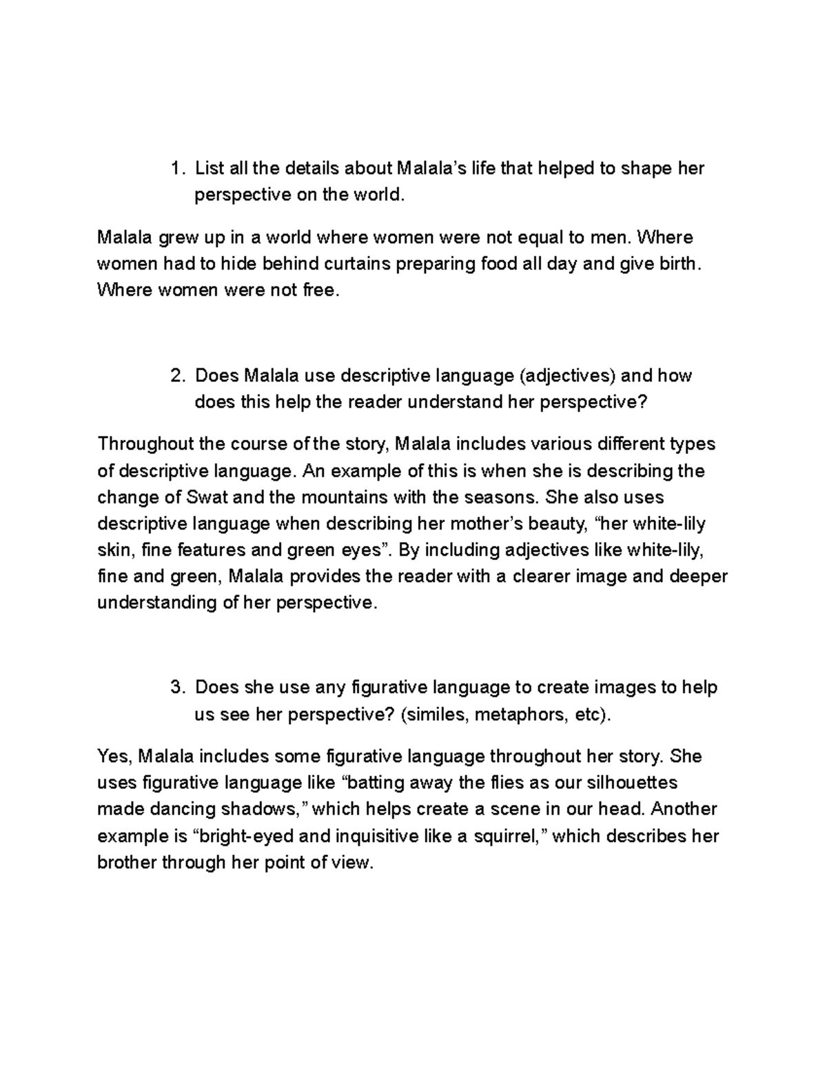 Malala Comprehension: Analyzing Descriptive & Figurative Language - Studocu