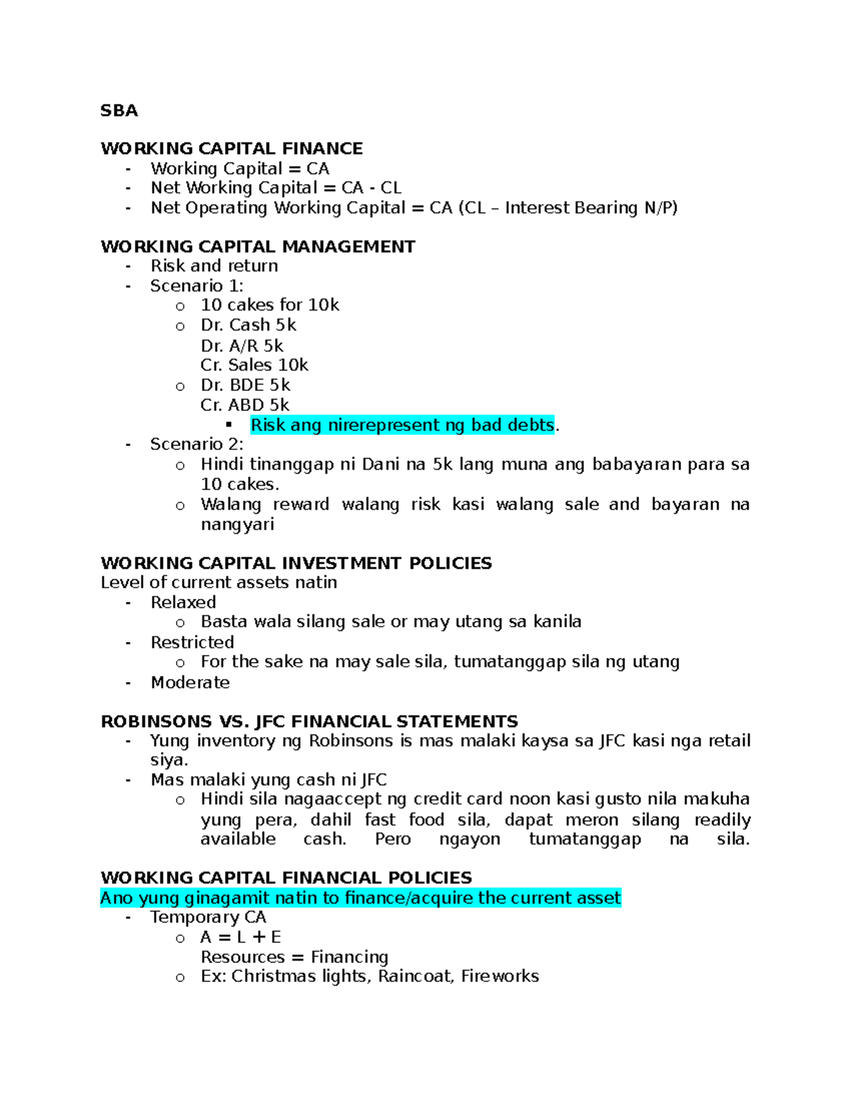 Strategic Business Analytics Notes - SBA WORKING CAPITAL FINANCE ...