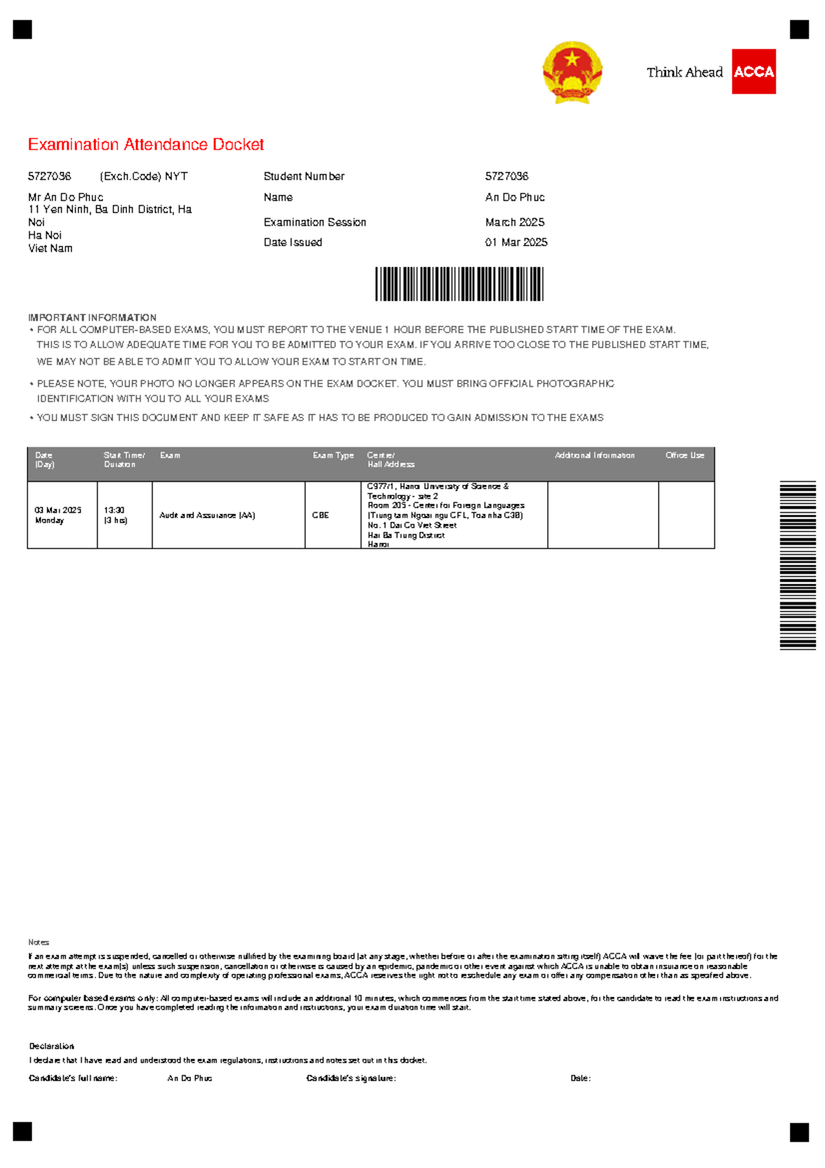 Exam Attendance Docket for AA 5727036 - March 2025 Session - Studocu