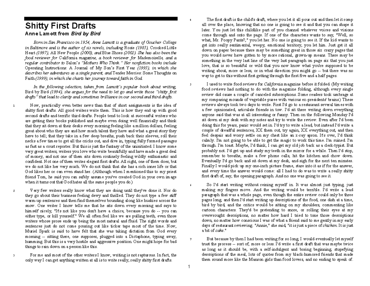 Shitty First Drafts: Embracing the Writing Process (ENG 101) - Studocu