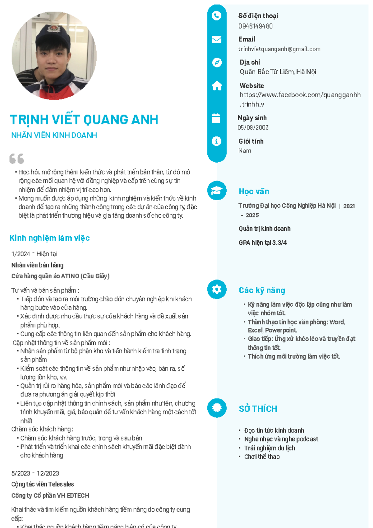 Trinh Viet Quang ANH Top CV - TRỊNH VIẾT QUANG ANH NHÂN VIÊN KINH DOANH “ Học hỏi. mở rộng thêm ...