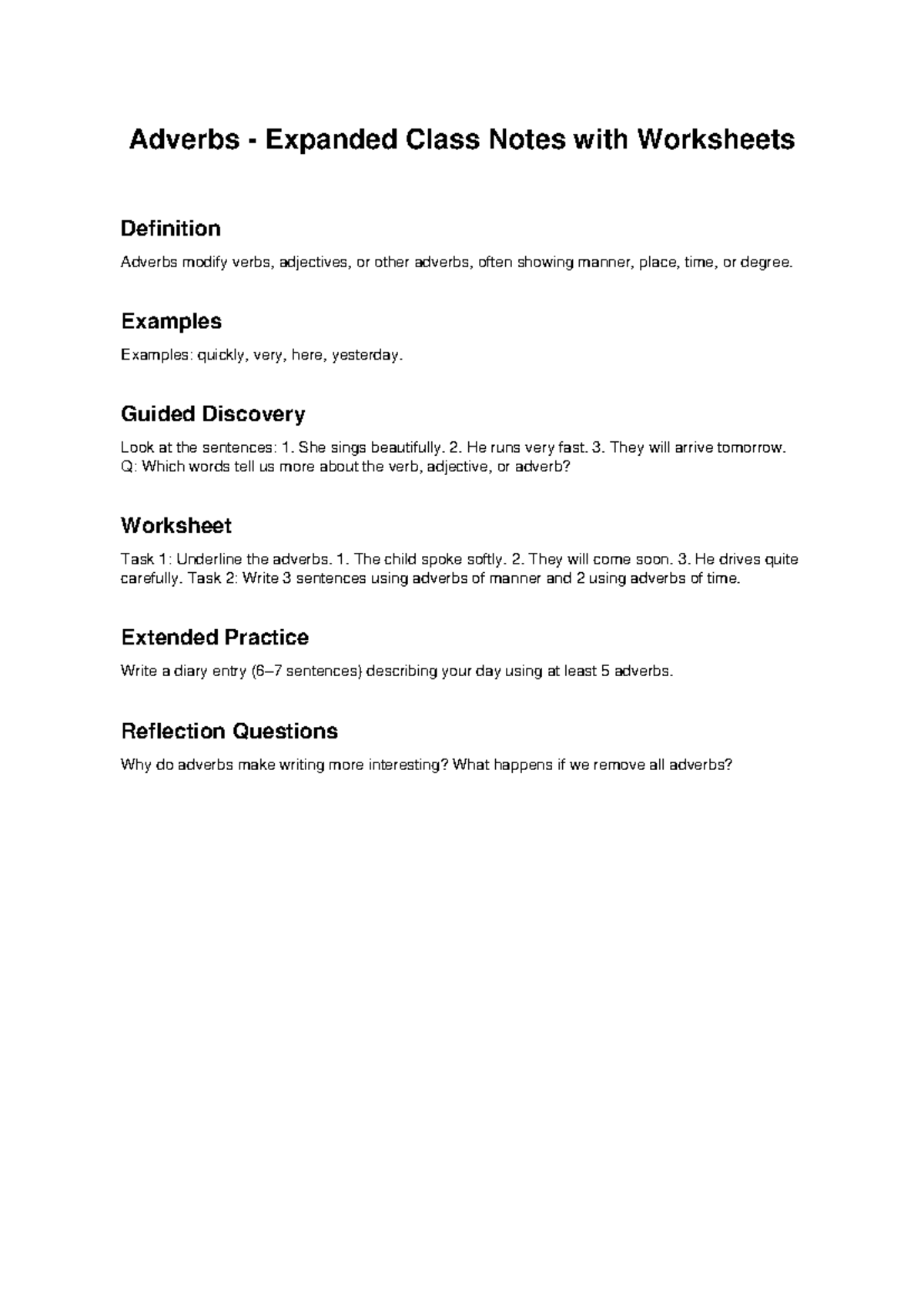 Adverbs Class Notes & Worksheets (ENG 101) - Studocu