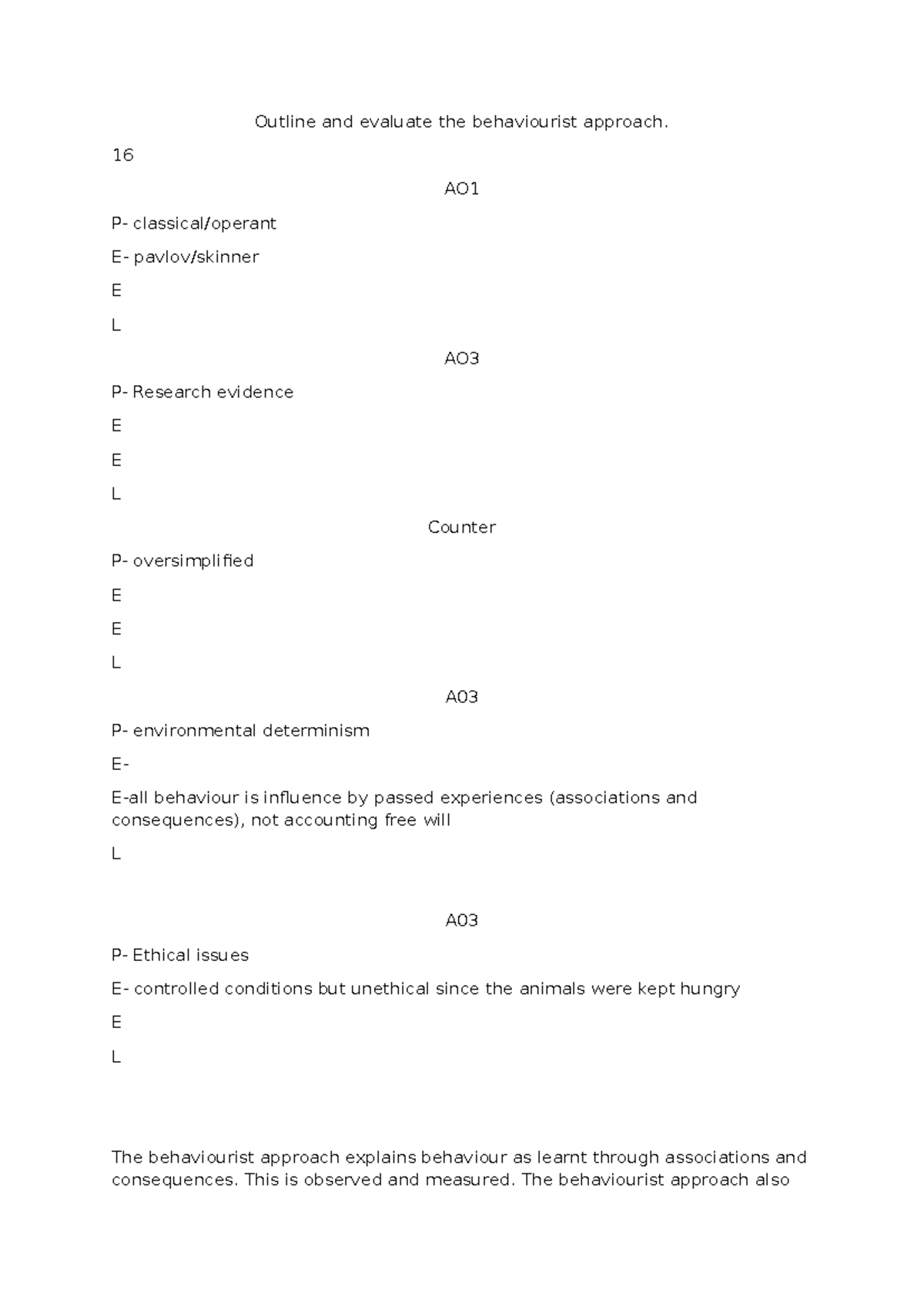 Behaviourist Approach: Outline & Evaluation (Psych 101) - Studocu