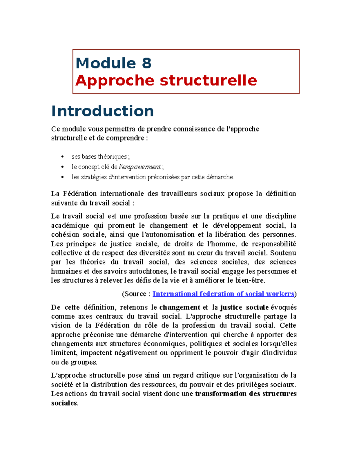 Module 8: Approche Structurelle en Travail Social et Empowerment - Studocu