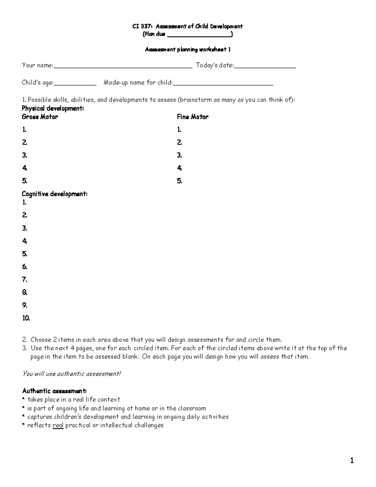 CI 337: Child Development Assessment Planning Worksheet - Studocu