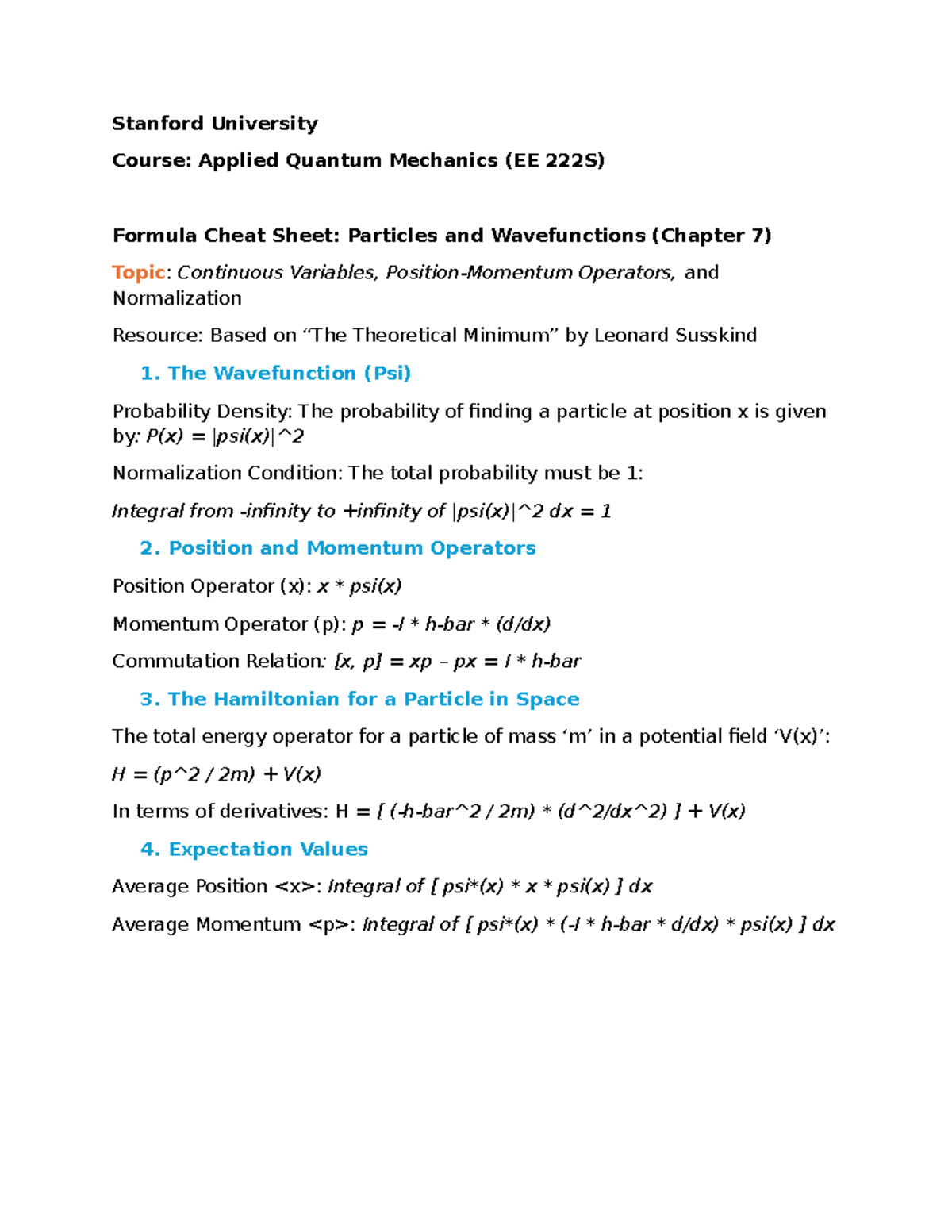 EE Quantum Mechanics Cheat Sheet: Ch 7 - Wavefunctions & Operators ...