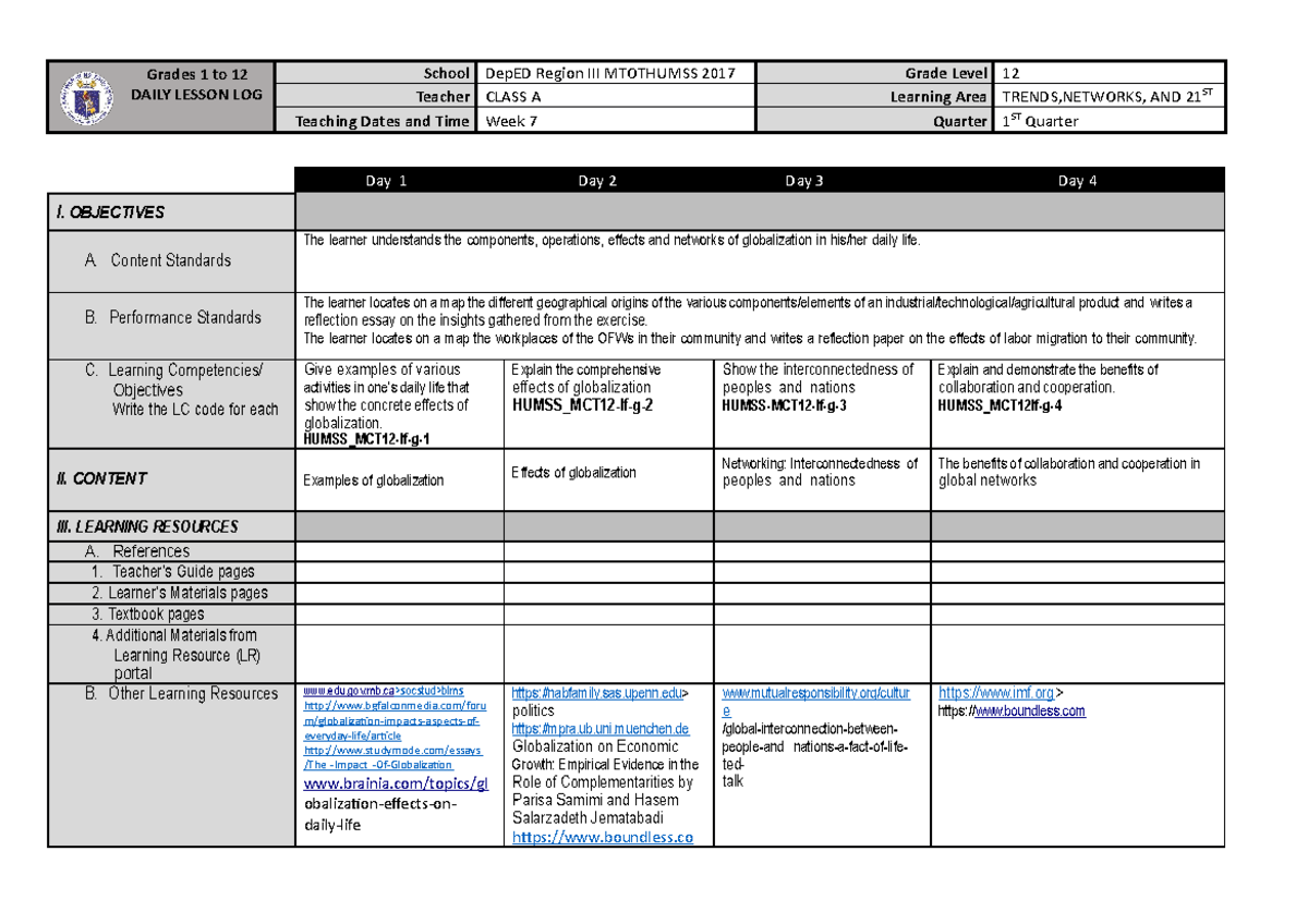 dll trends, networks and critical thinking in 21st century - Grades 1 to 12 DAILY LESSON LOG ...