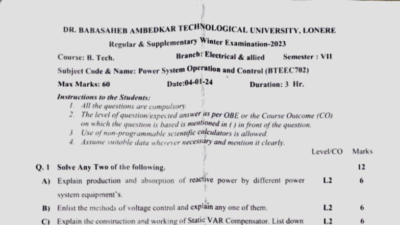 EE BTEEC702 Power System Operation & Control - Winter 2023 Exam - Studocu