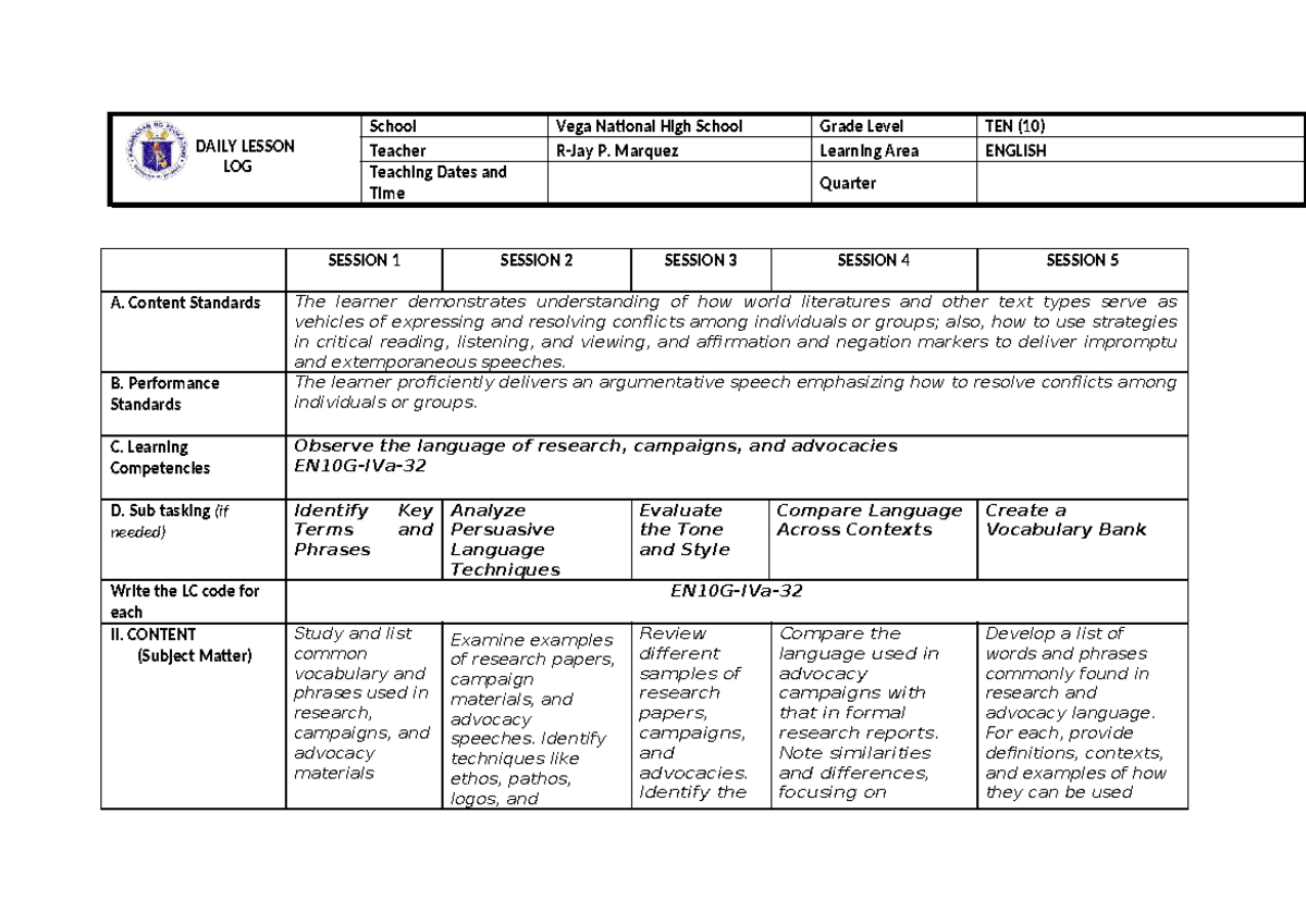 English 10 DLL- ENG Qtr-1 - DAILY LESSON LOG School Vega National High ...