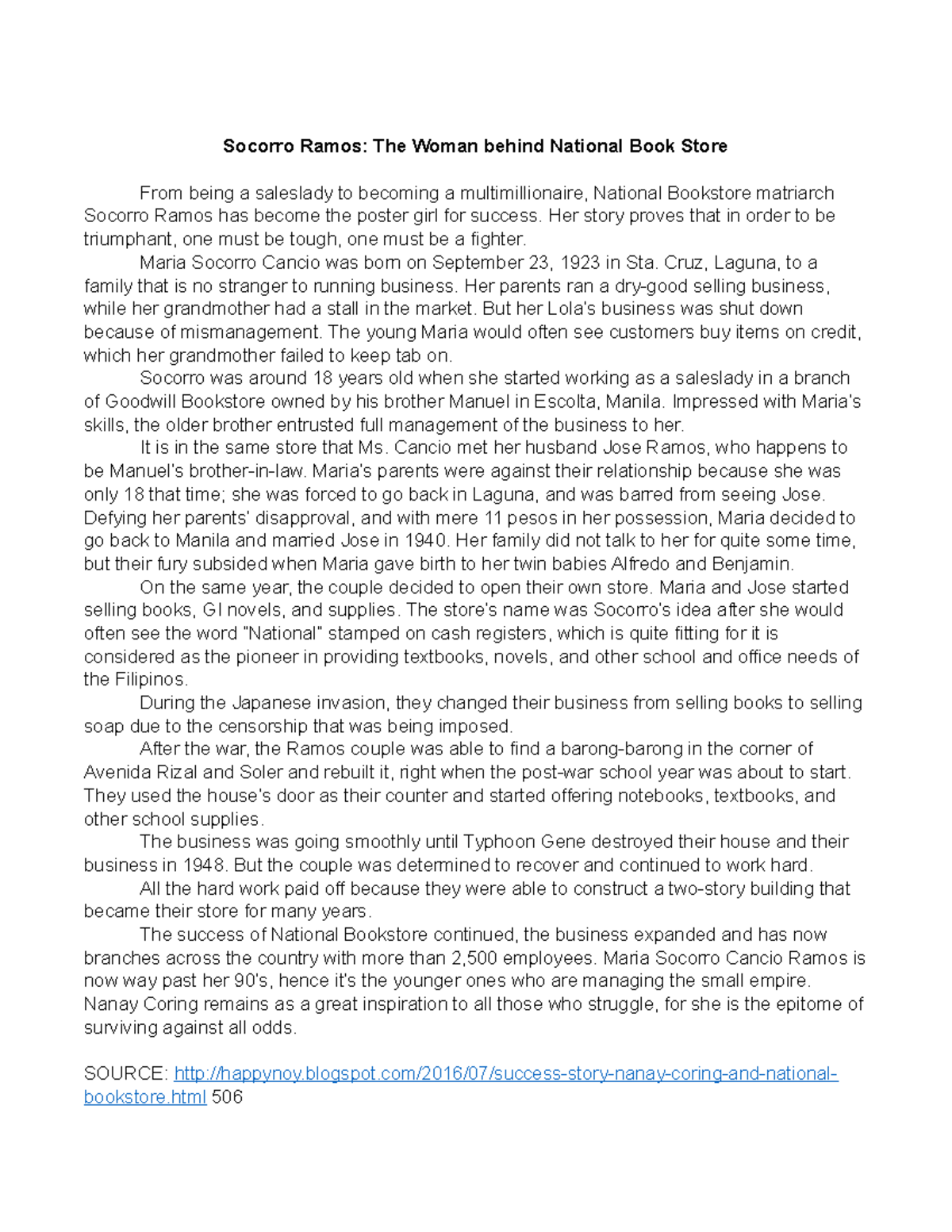 Reflection on Socorro Ramos: A Journey of Resilience and Success - Studocu