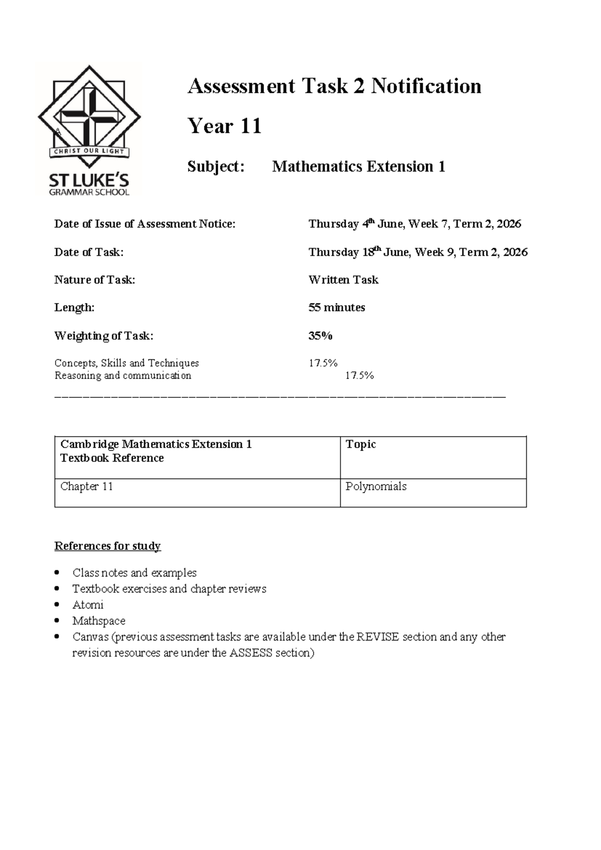 2026 Y11X1 Math Ext 1 Task 2 Notification - Written Task Details - Studocu