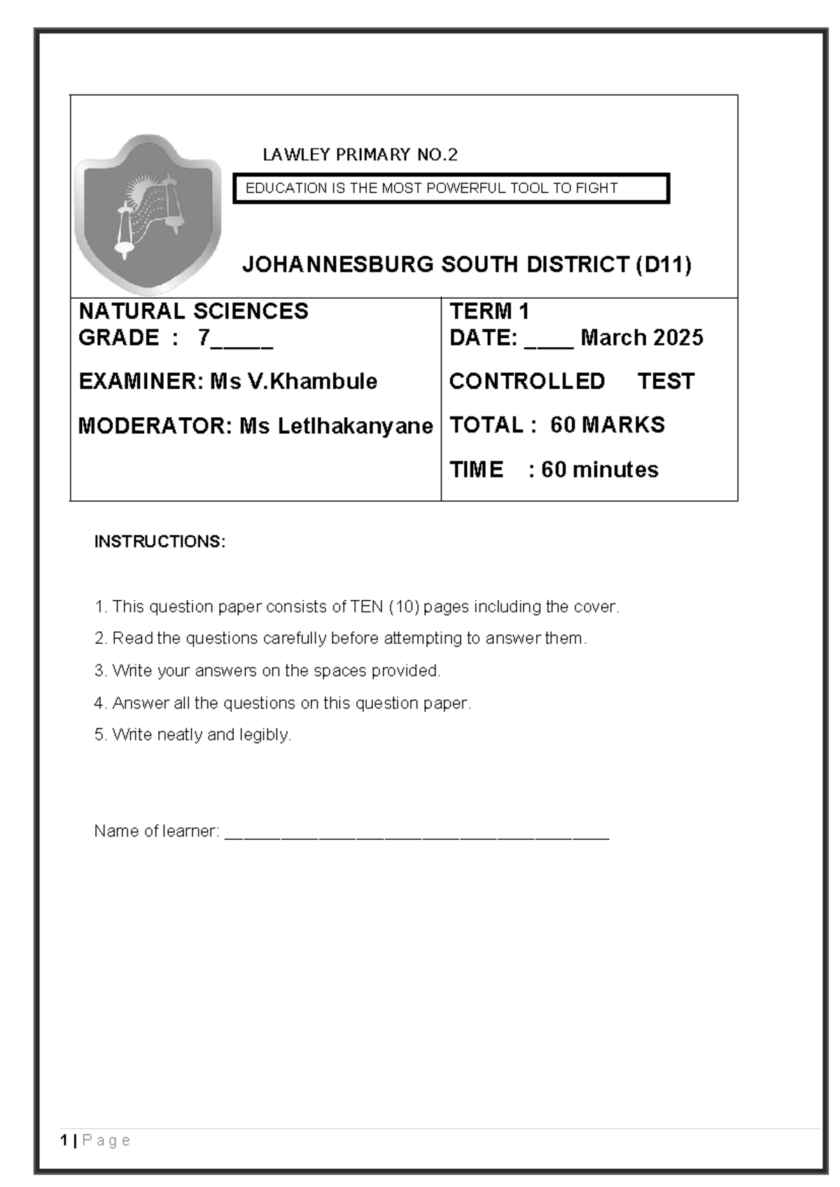 NS D11 Grade 7 Term 1 Controlled Test on Energy Concepts - Studocu