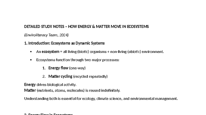 ENVIRO 101: Energy and Matter Movement in Ecosystems Study Notes - Studocu