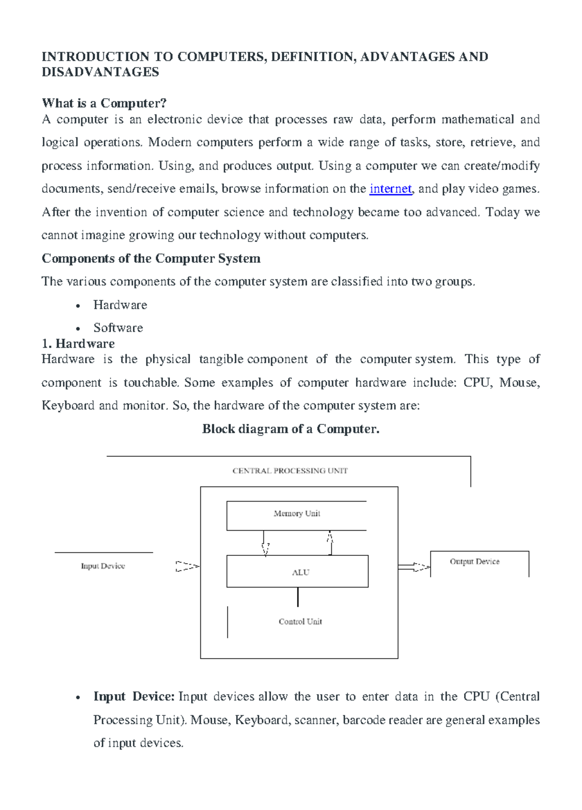 COMP 101: What is a Computer? Class Notes on Definition & Functions ...