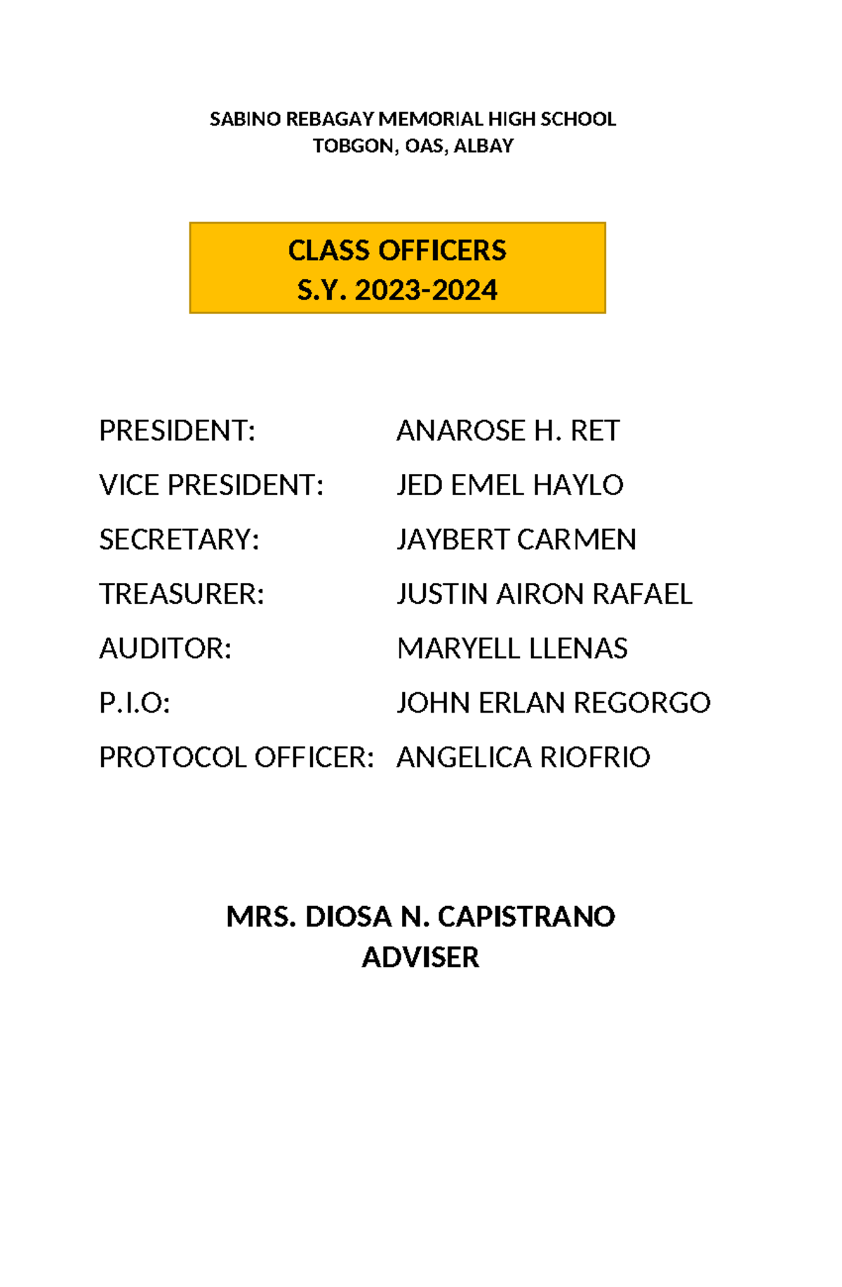 Class Officers - None - Bachelor of Secondary Education Major in ...