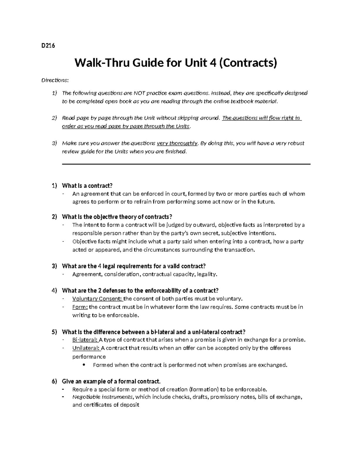 D216 Unit 4 Study Notes: Key Concepts in Contracts and UCC - Studocu
