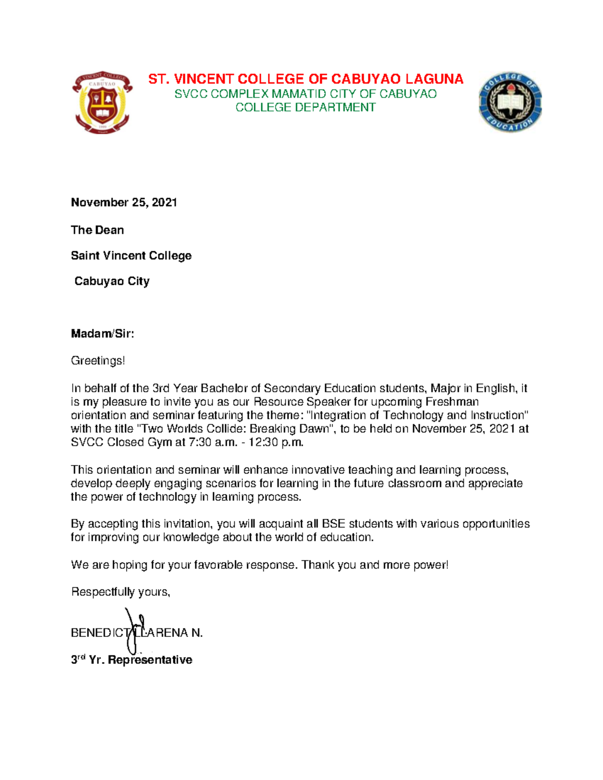 Letter For Dean - ST. VINCENT COLLEGE OF CABUYAO LAGUNA SVCC COMPLEX ...