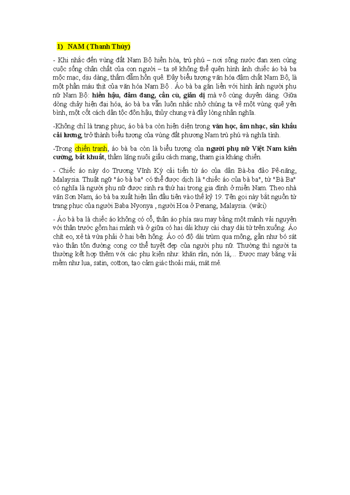 CSVH - NSJW: Biểu Tượng Văn Hóa Áo Bà Ba Nam Bộ - Studocu
