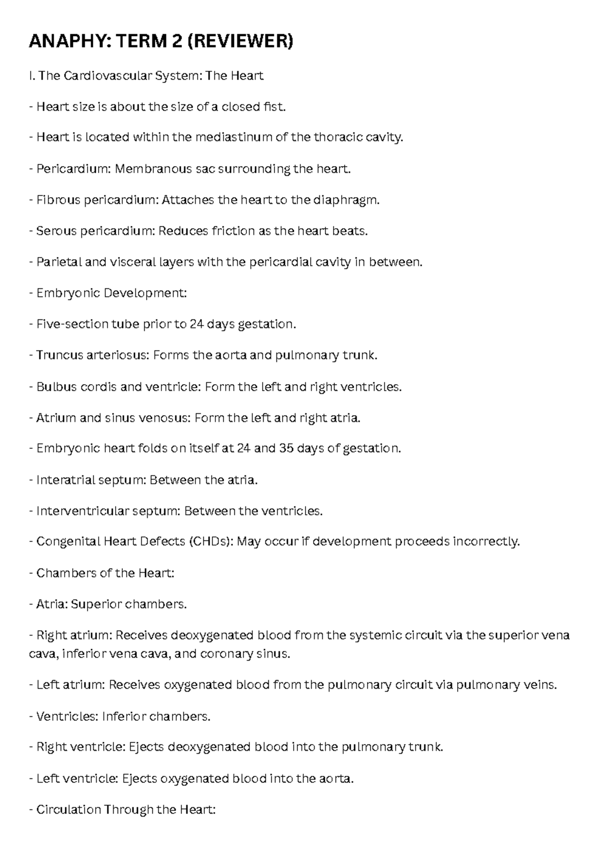 ANAPHY: TERM 2 REVIEWER ON THE CARDIOVASCULAR SYSTEM - Studocu