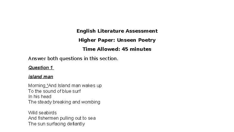 GCSE English Literature Unseen Poetry Exam: Island Man Analysis - Studocu