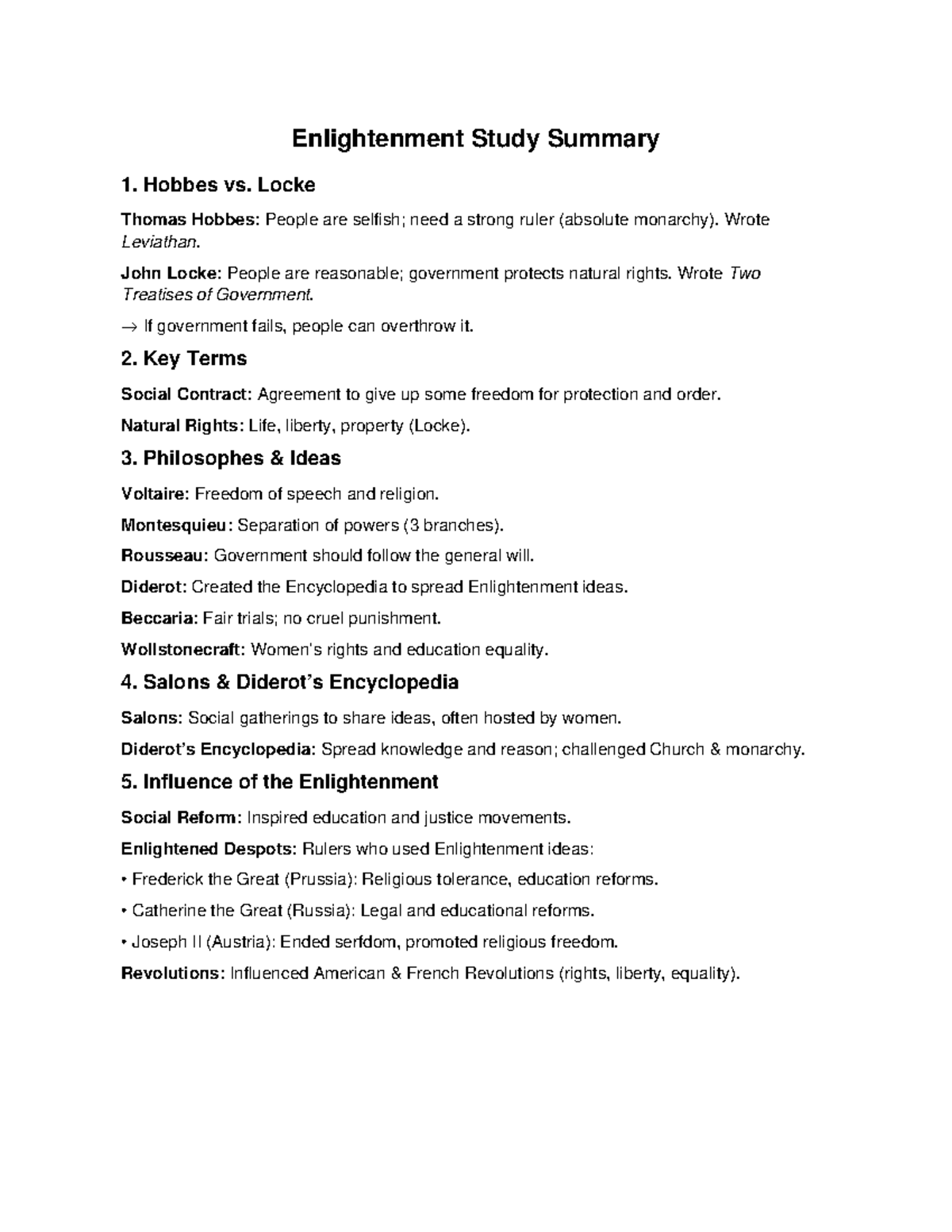 Enlightenment Study Summary: Hobbes vs. Locke & Key Ideas - Studocu