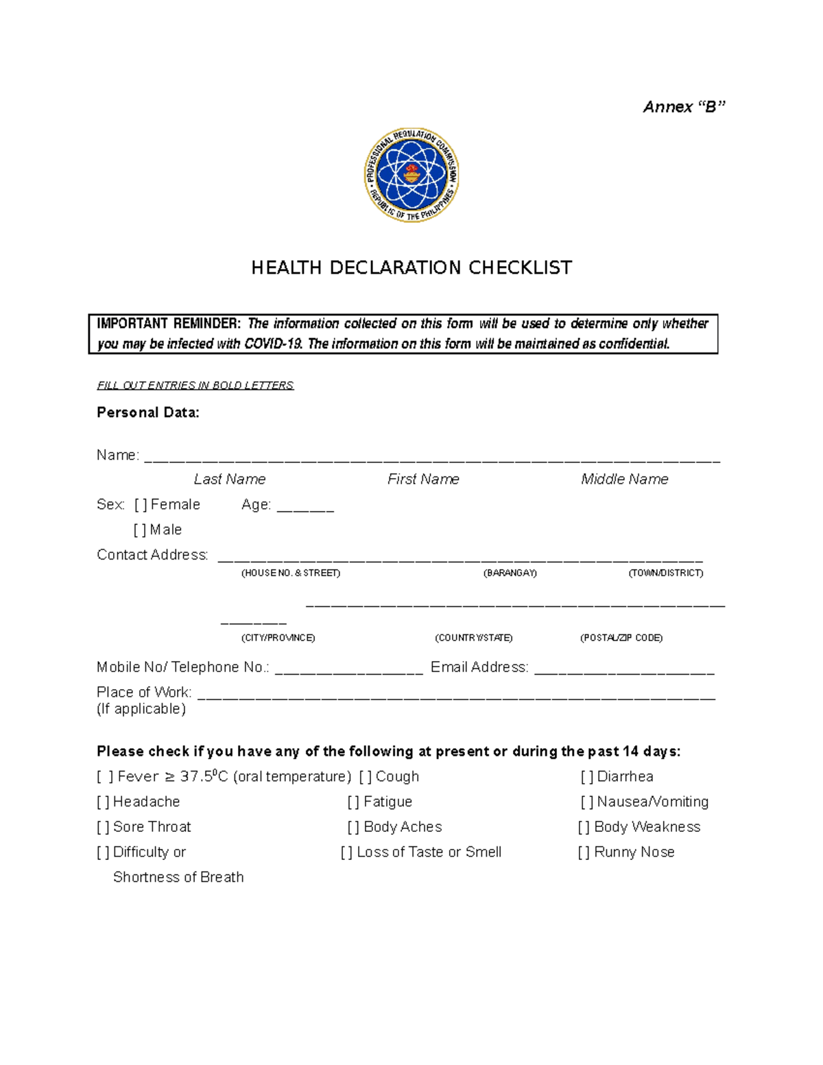 Annex B - COVID-19 Health Declaration Checklist Form Nov 2020 - Studocu