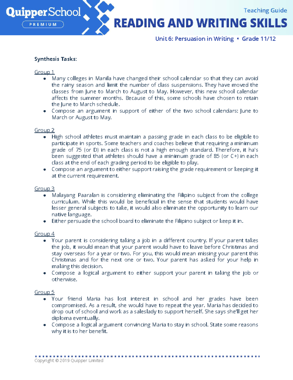 RW 11 Unit 6: Persuasive Writing Synthesis Tasks Overview - Studocu