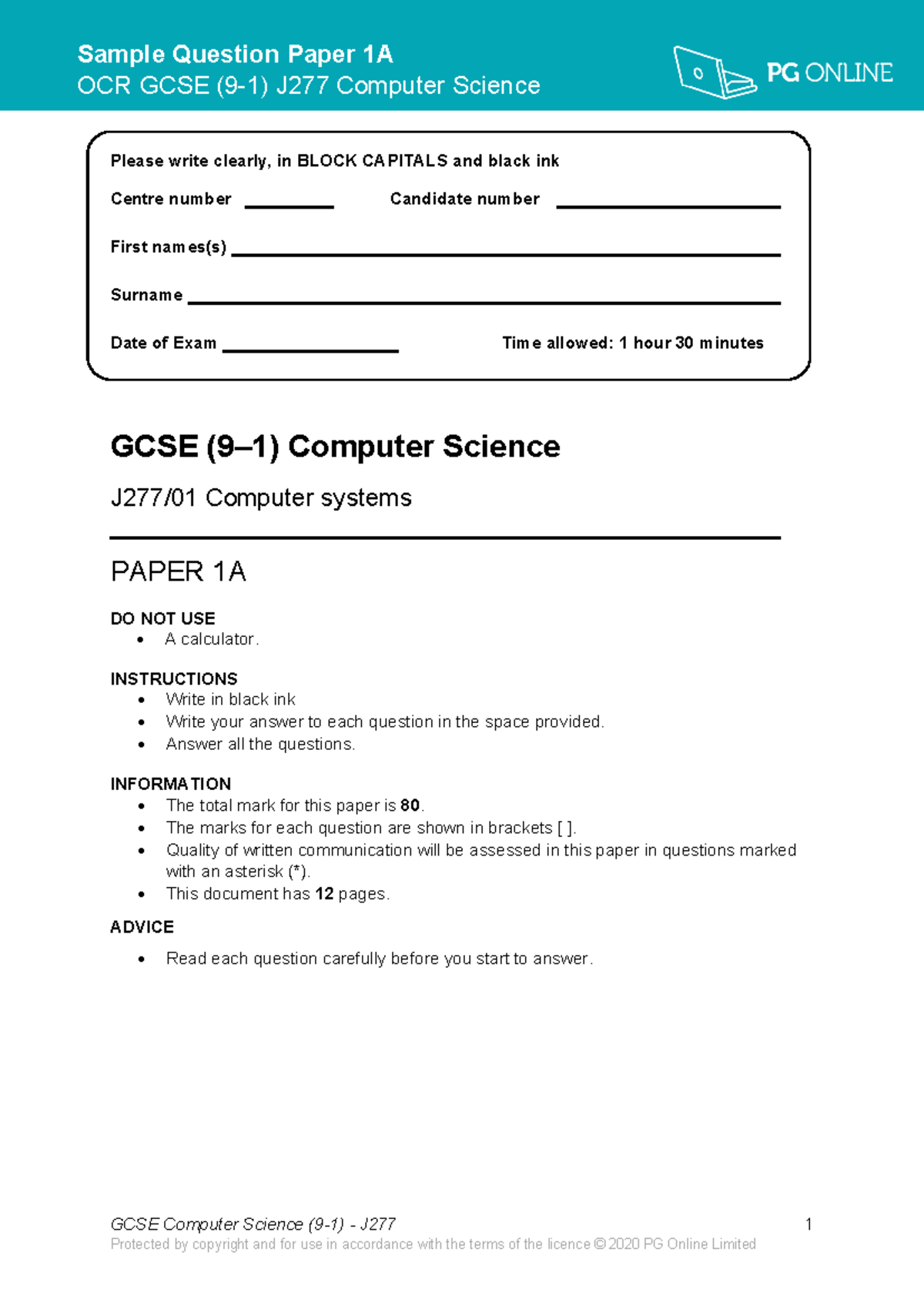 Sample Question Paper 1A - OCR GCSE J277 Computer Science - Studocu