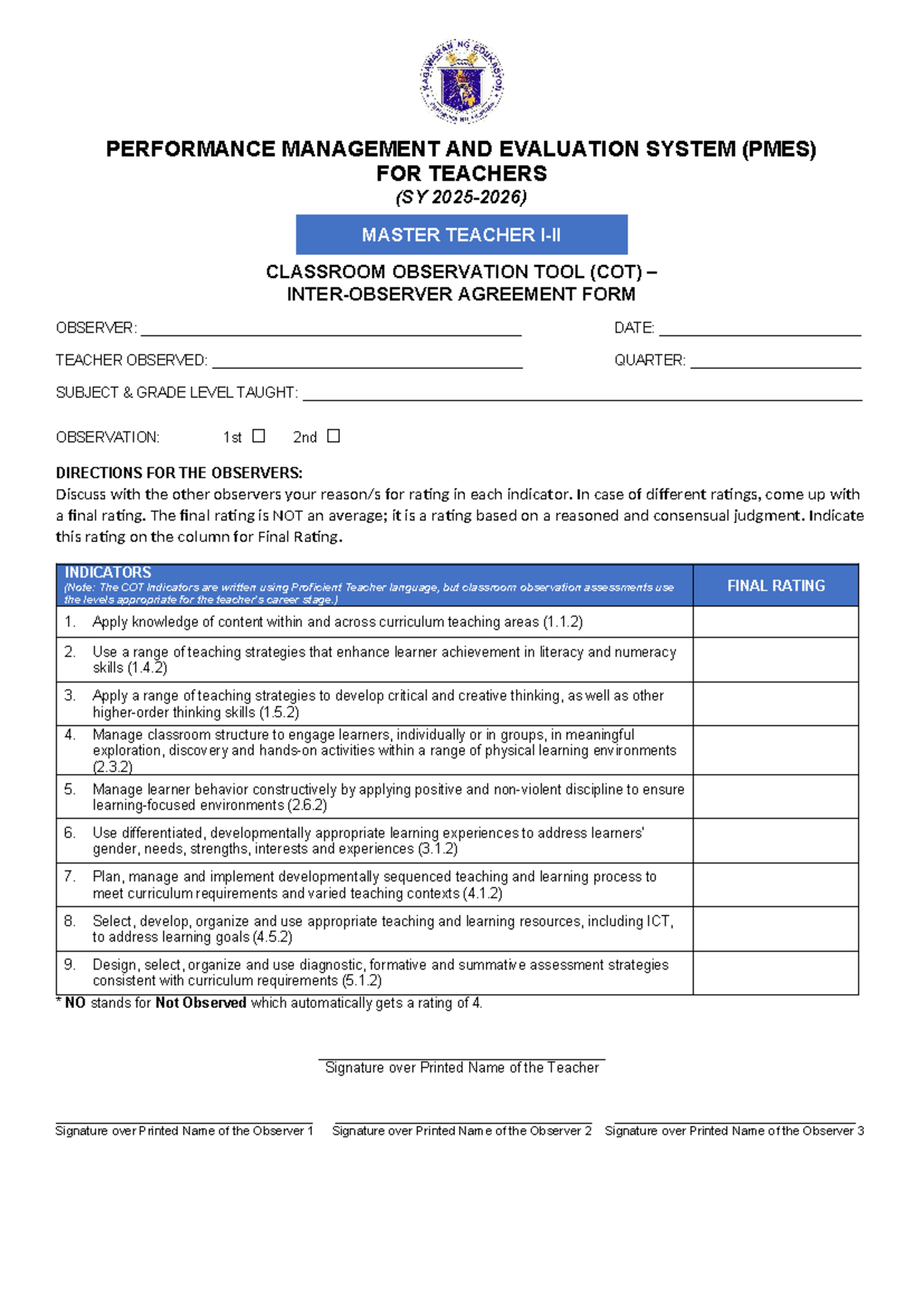 COT Inter-Observer Agreement Form for Highly Proficient Teacher (MT I ...