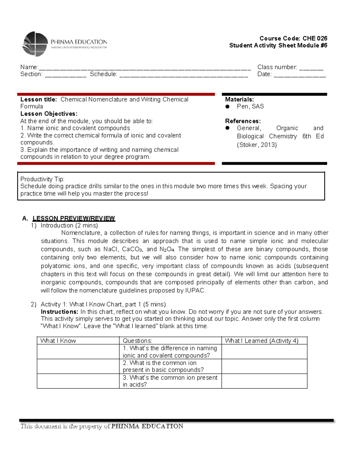 Students Guide Module 6 Chemical Nomenclature - Student Activity Sheet ...