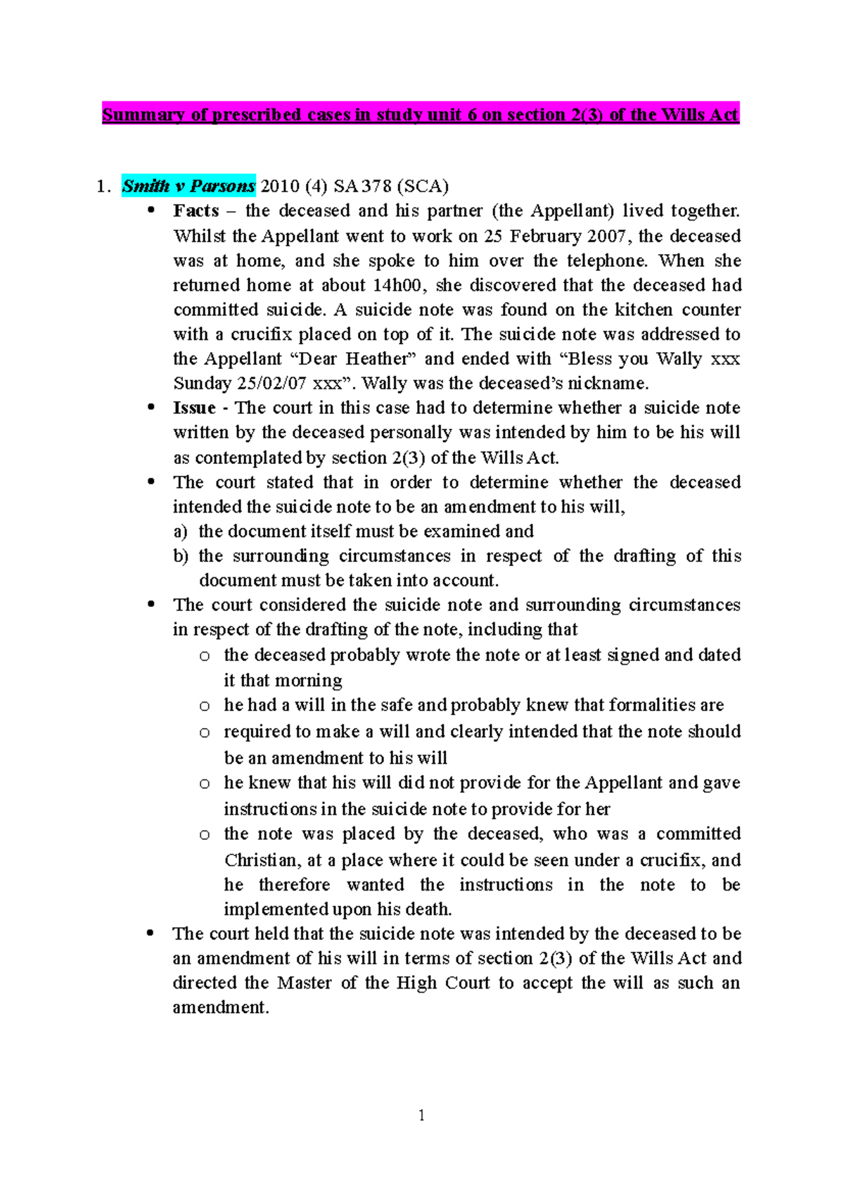 Unit 6 prescribed cases summary - Summary of prescribed cases in study ...