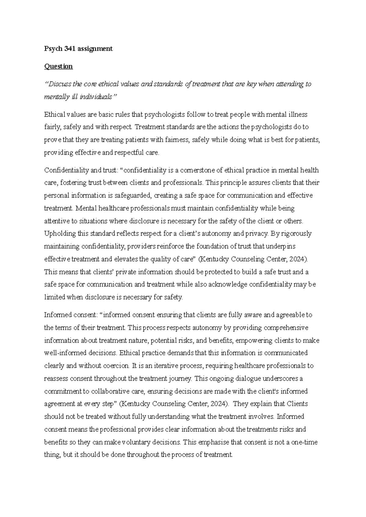 Psych 341 Assignment: Core Ethical Values in Mental Health Treatment ...