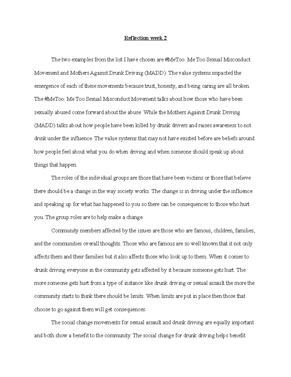 Reflection Paper: Social Change Movements - MADD & Me Too - Studocu