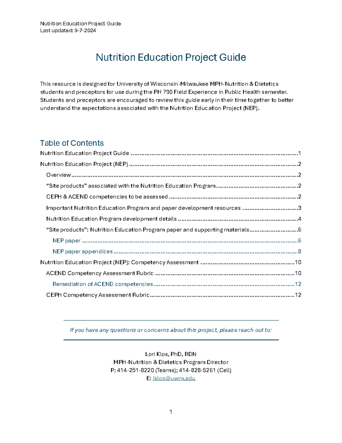 Nutrition Education Project Guide for PH 790 Field Experience - Studocu