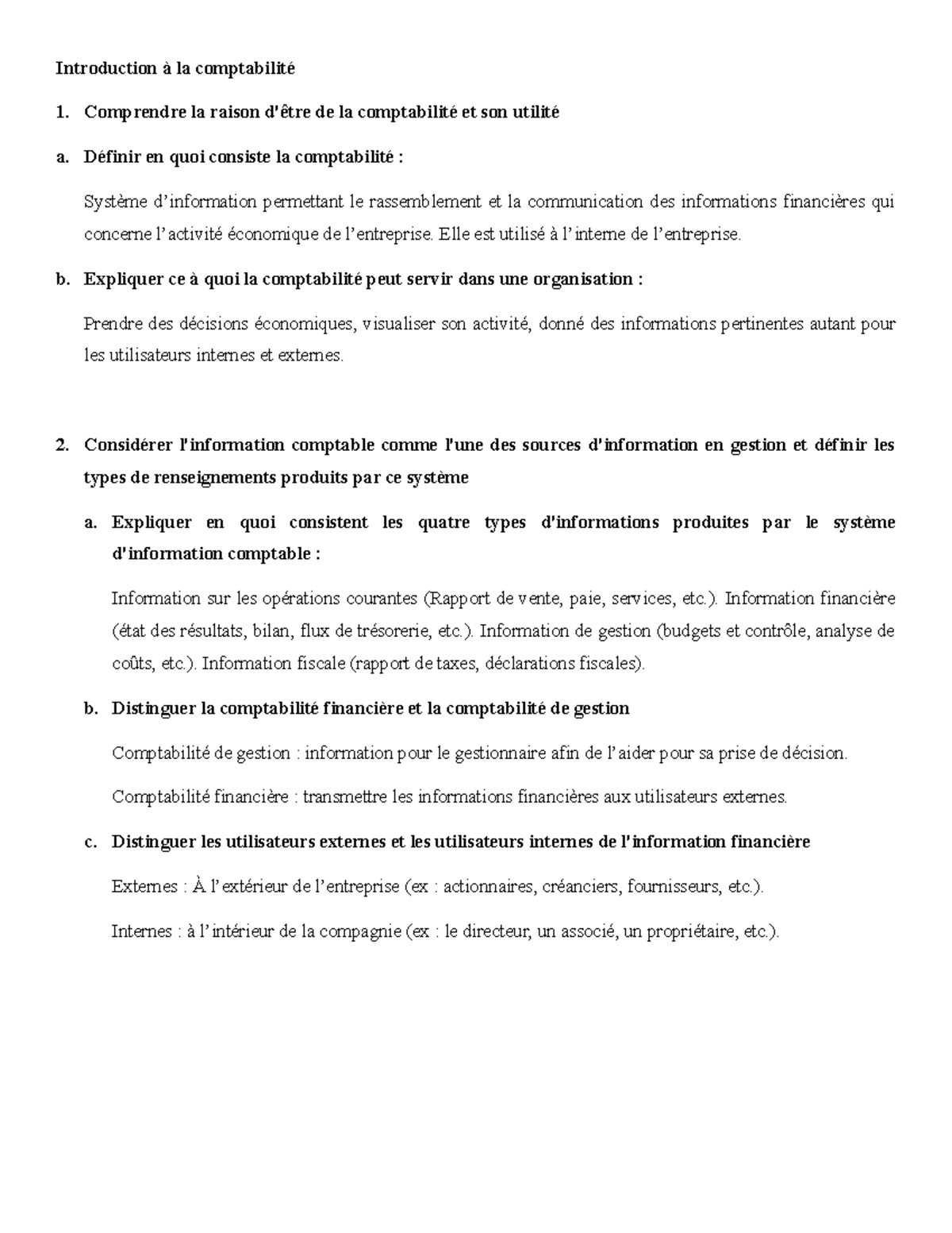 Comptabilité - Résumé des Concepts Clés du Chapitre 1 - Studocu