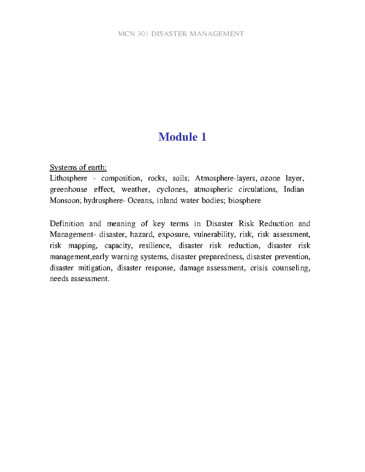 MCN 301 - Disaster Management Module 1: Earth Systems & Concepts - Studocu