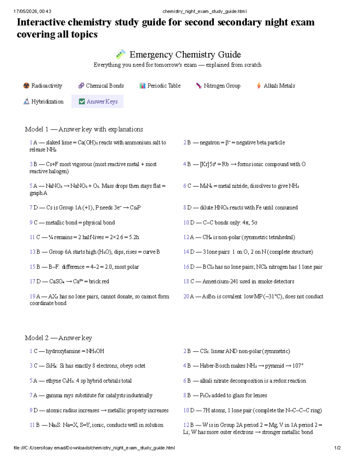 Chemistry 00:43 Night Exam Study Guide & Answer Key - Studocu