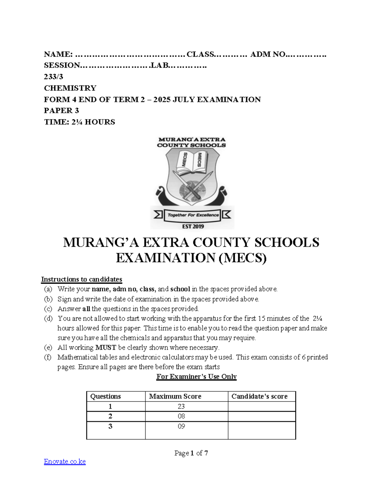 ADM CHEMISTRY FORM 4 END OF TERM 2 2025 JULY EXAM PAPER 3 - Studocu