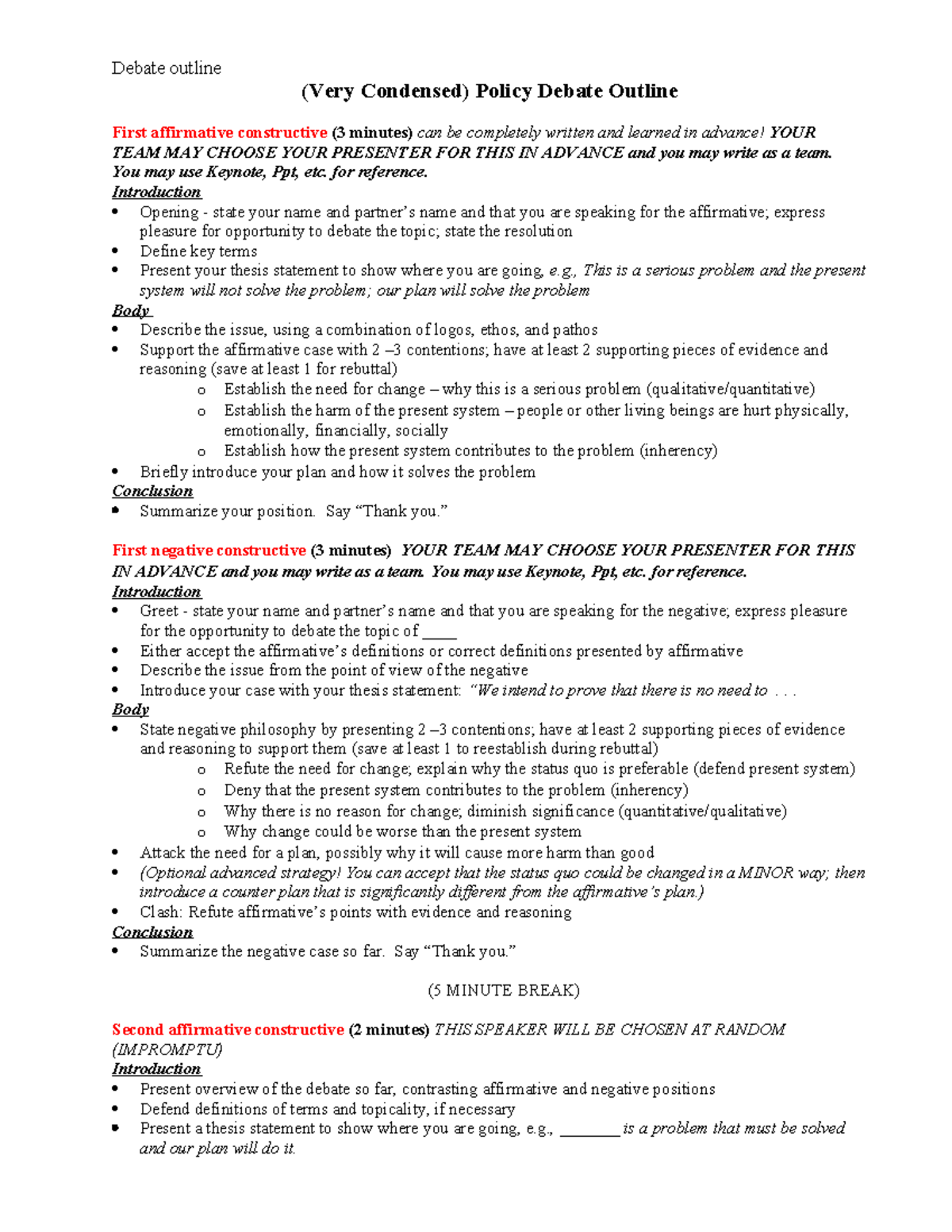 Debate Outline (Condensed) for Policy Debate Format - Studocu