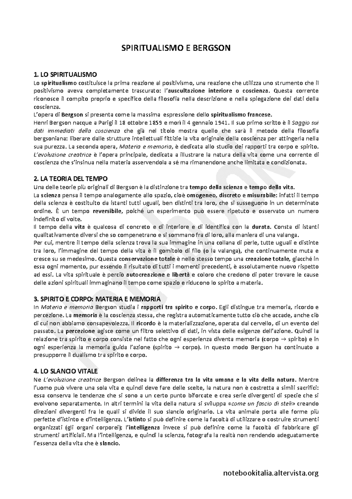 Spiritualismo e Bergson: Teorie e Concetti Fondamentali - Studocu