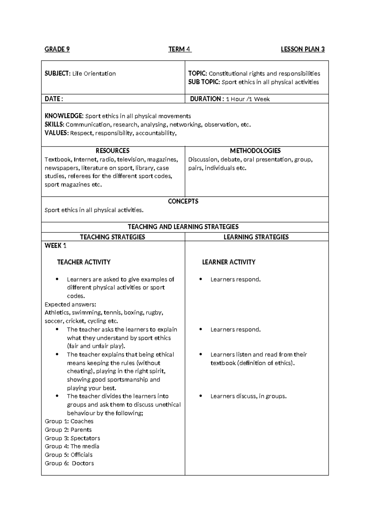 Grade 9 Term 4 Lesson Plan 3 - GRADE 9 TERM 4 LESSON PLAN 3 SUBJECT ...