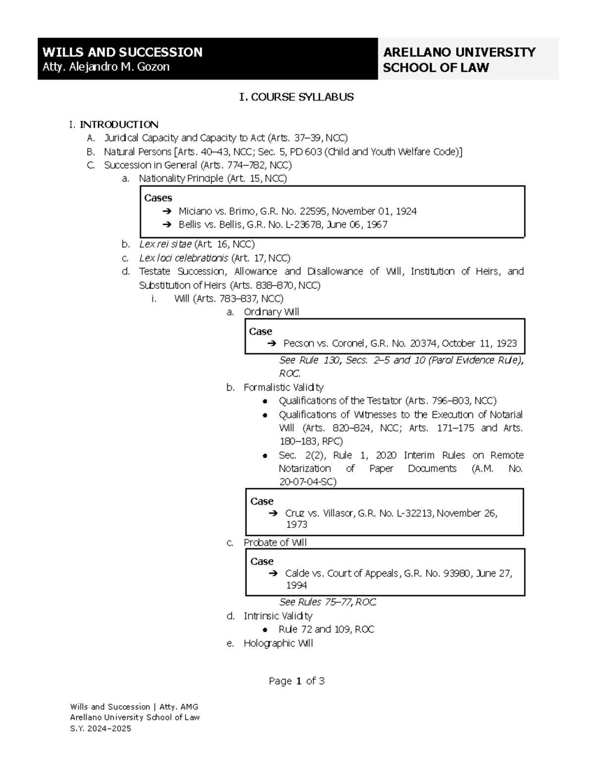 Wills and Succession Syllabus (LAW 101) with House Rules and Grading ...