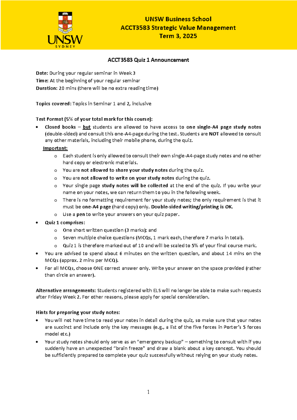 ACCT3583 Quiz 1 Announcement - Strategic Value Management Term 3, 2025 ...