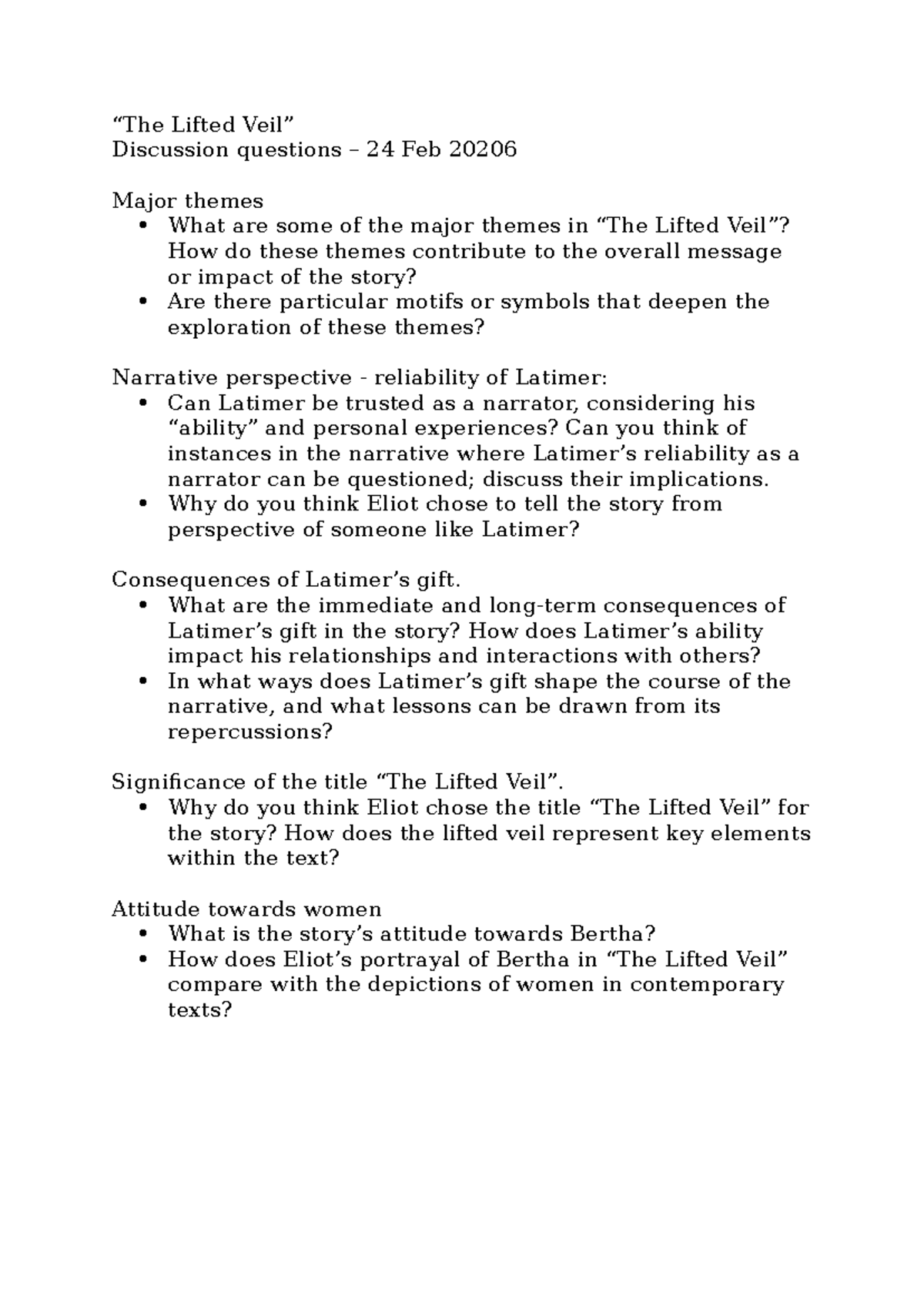 Lifted Veil Discussion Questions (F367A6D846878) - Studocu